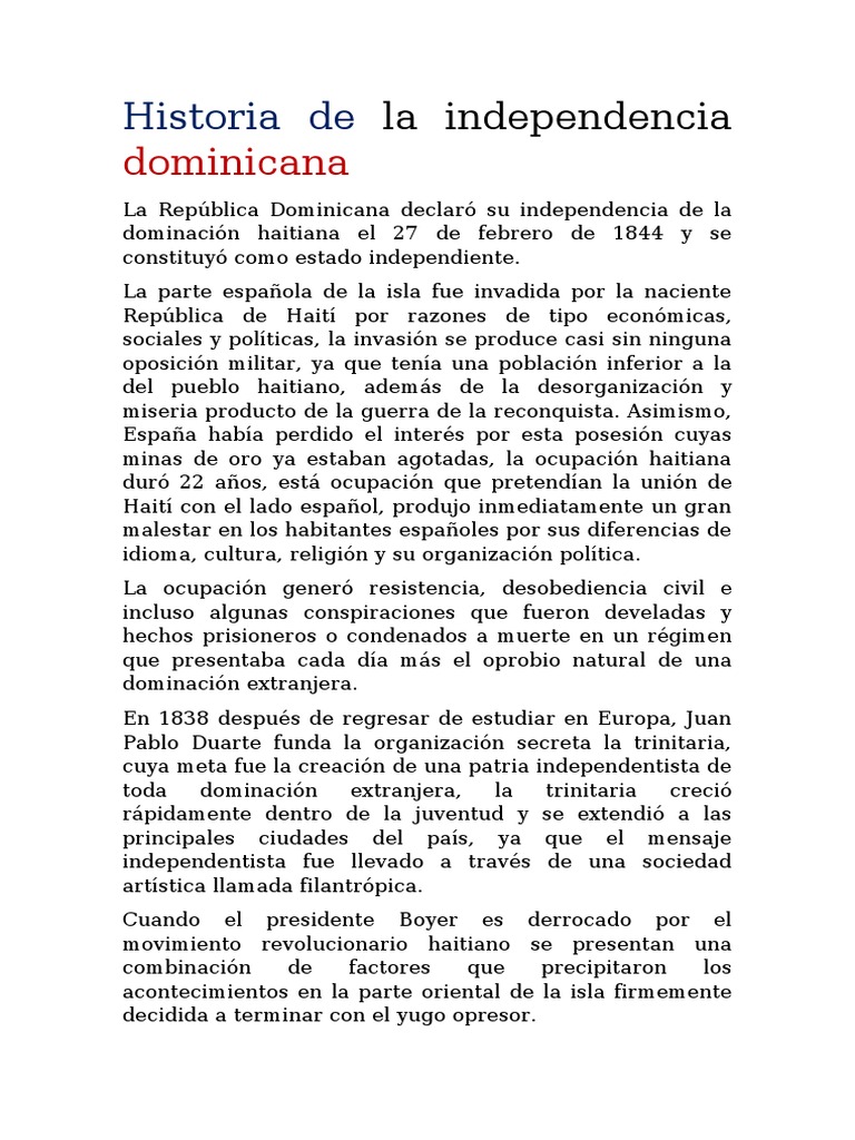 Historia de La Independencia Dominicana | PDF | República Dominicana ...