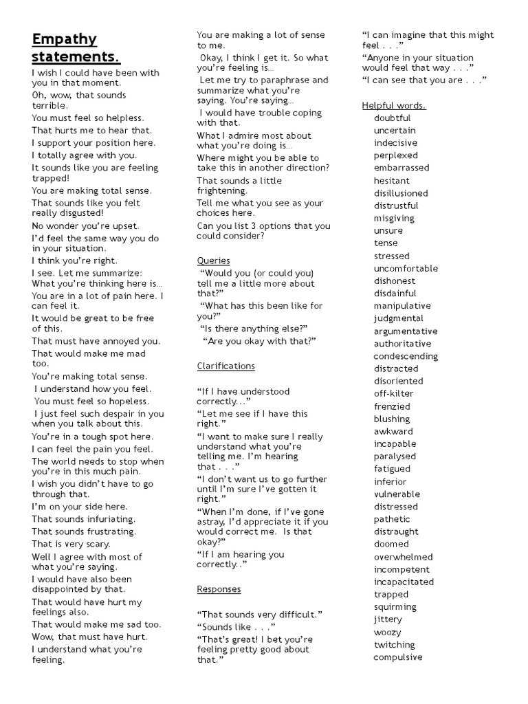 Empathy Statements Help Guide PDF | PDF