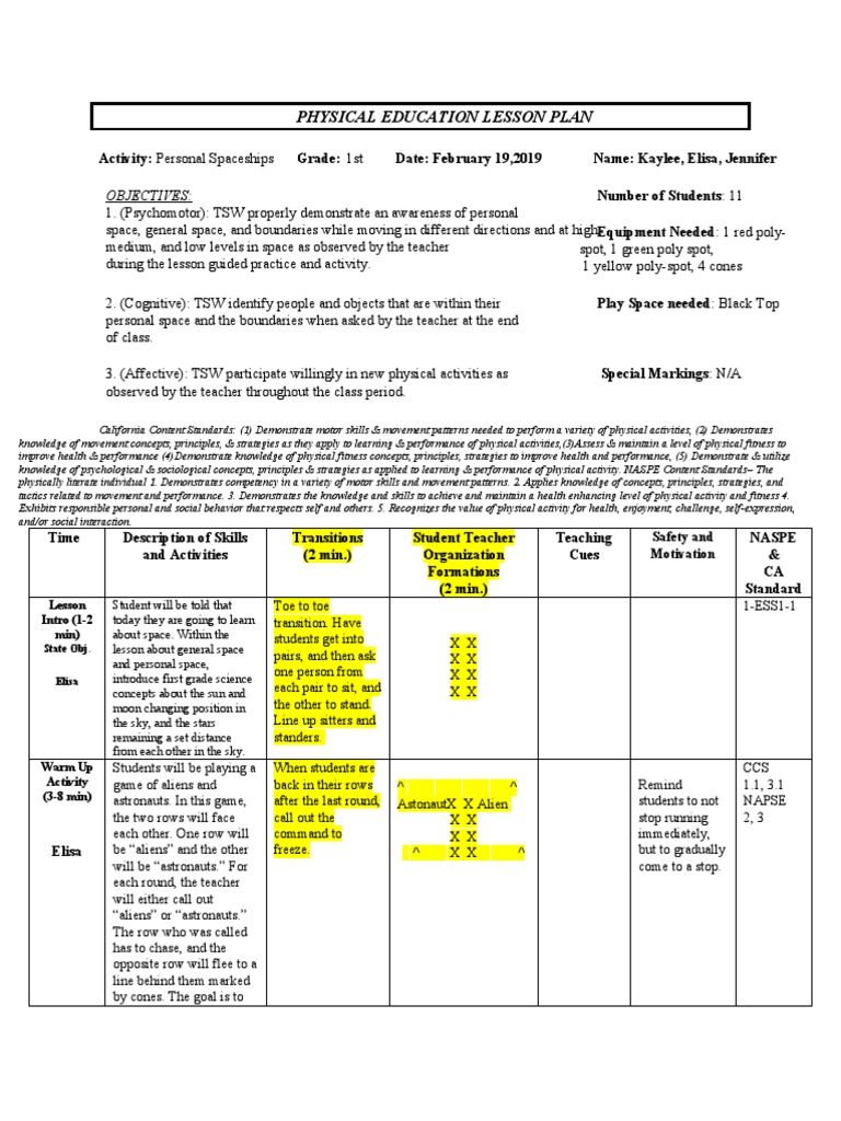 Physical Education Lesson Plan: Objectives | PDF | Physical Education ...
