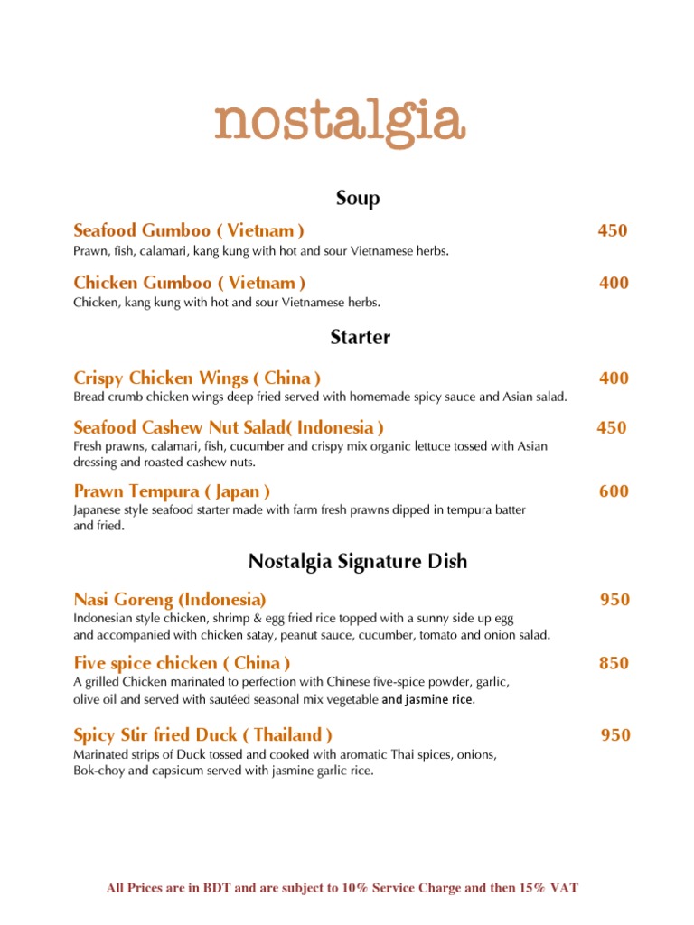 Nostalgia Signature Dish: A Menu from an Asian Fusion Restaurant | PDF ...