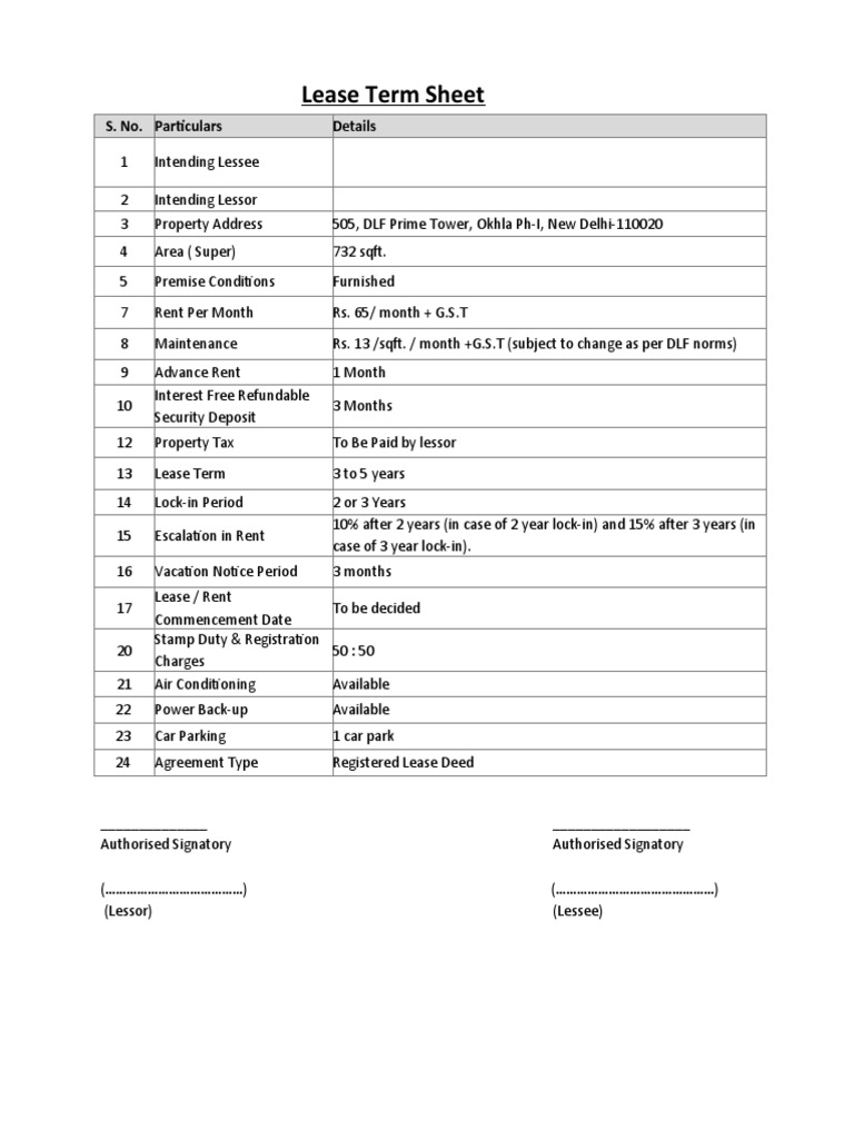 Lease Term Sheet: S. No. Particulars Details | PDF