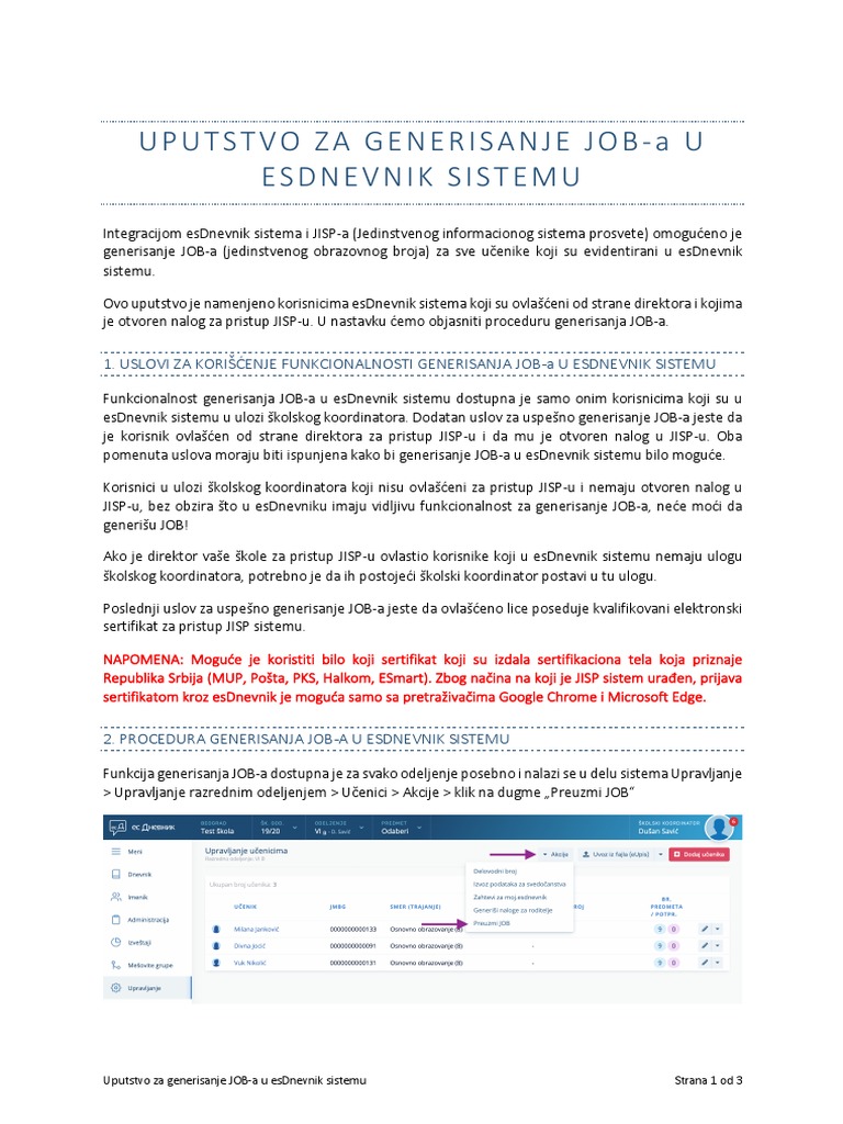 Uputstvo Za Generisanje JOB-a U Esdnevnik Sistemu | PDF