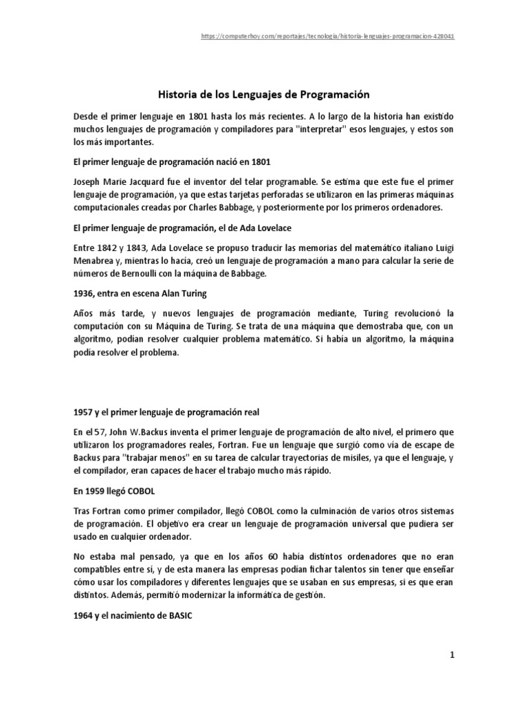 Historia de Los Lenguajes de Programacion | PDF | Lenguaje de ...