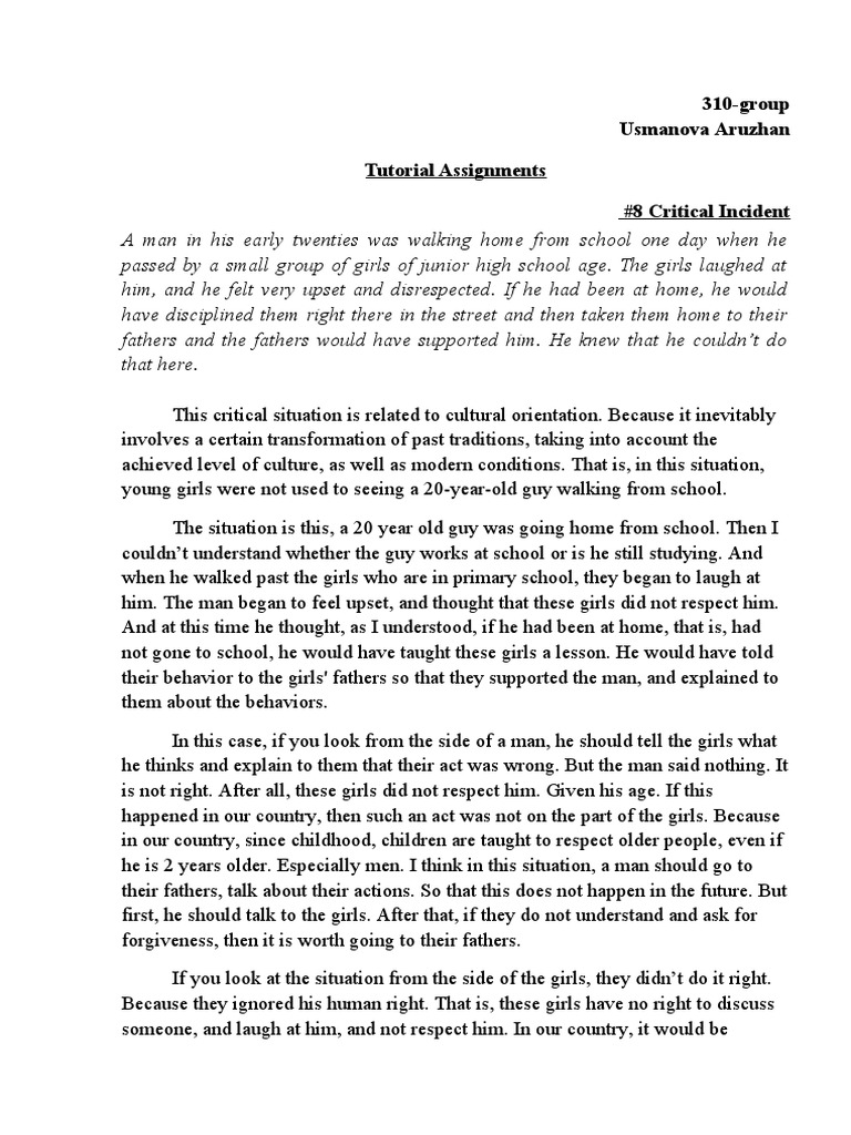 310-Group Usmanova Aruzhan Tutorial Assignments #8 Critical Incident ...