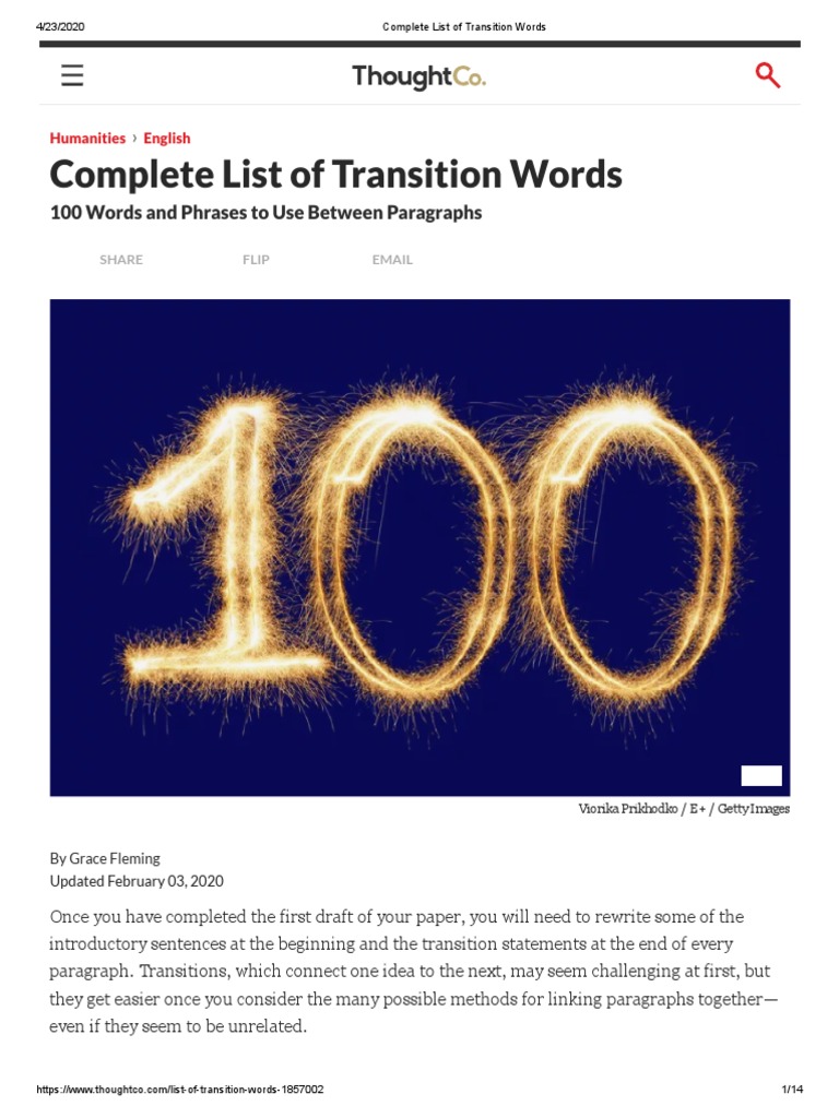 Complete List of Transition Words | PDF | Phrase | English Language