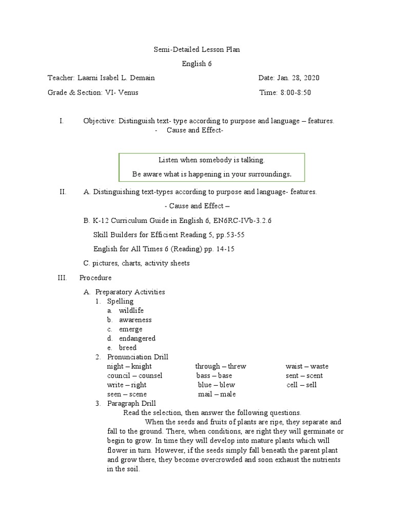 Semi - Detailed Lesson Plan English | PDF | Endangered Species ...