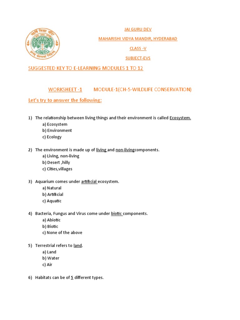 Suggested Key To Class V EVS Modules 1 To 12 | PDF | Senses | Olfaction
