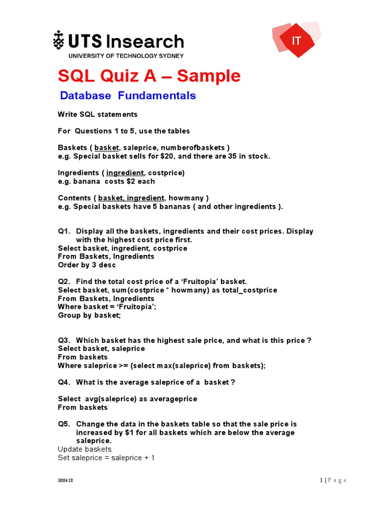 SQL Quiz Sample - A | PDF | Information Management | Data