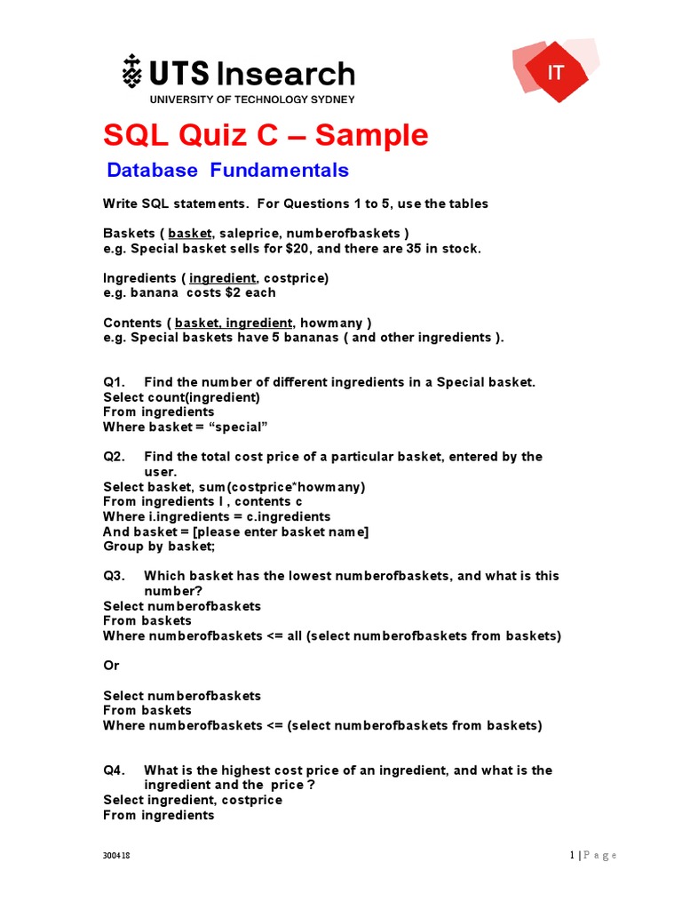 SQL Quiz Sample - C | PDF | Sql | Databases