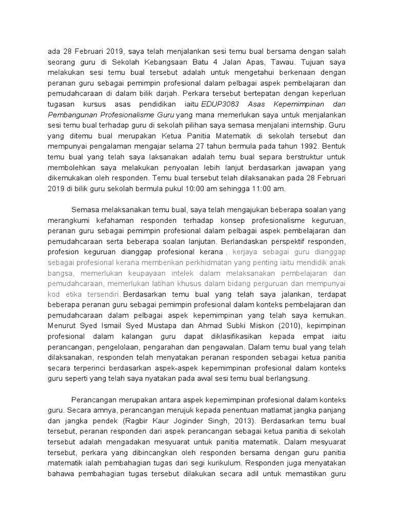Contoh Laporan Temu Bual Peranan Guru Sebagai Pemimpin Profesional ...