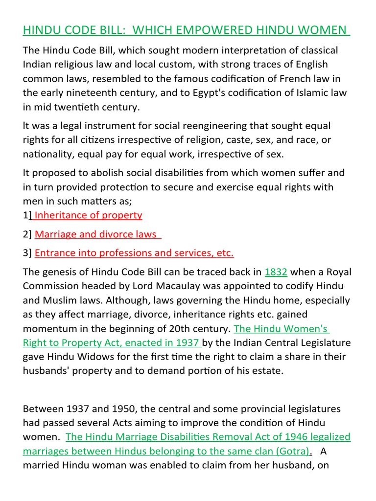 Hindu Code Bill: Which Empowered Hindu Women | PDF | Inheritance | Husband