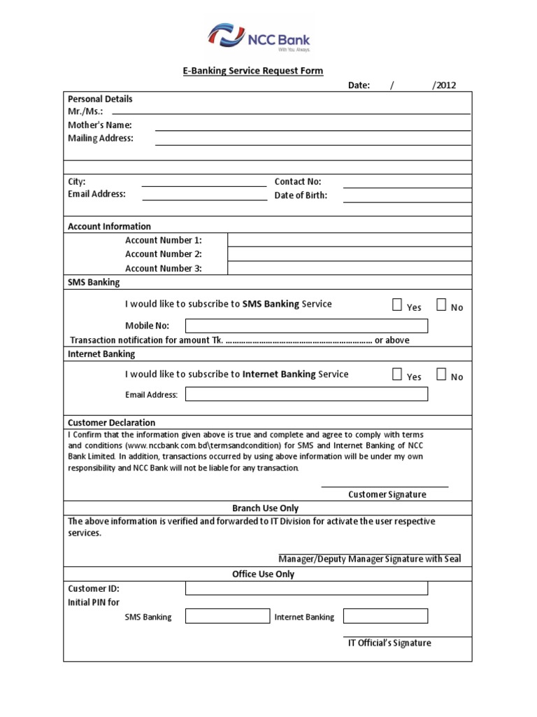 E-Banking Service Request Form: Date: Personal Details | PDF