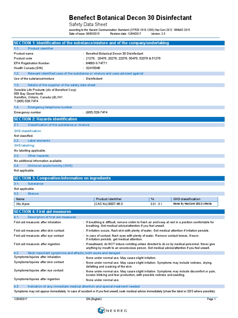 Benefect Botanical Decon 30 Disinfectant: Safety Data Sheet | PDF ...