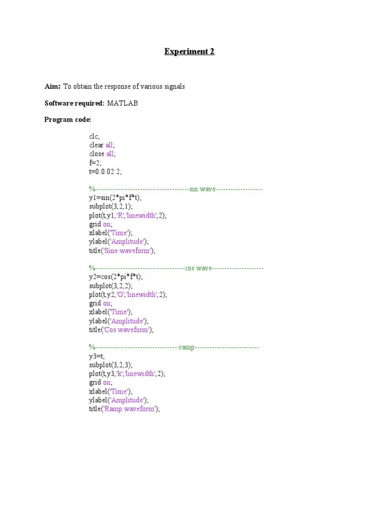 Experiment 2: Aim Software Required: Matlab Program Code | Pdf 