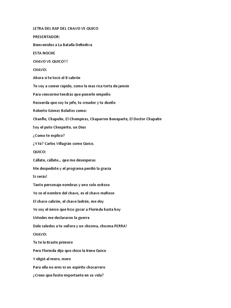 Letra Del Rap Del Chavo VS Quico | PDF
