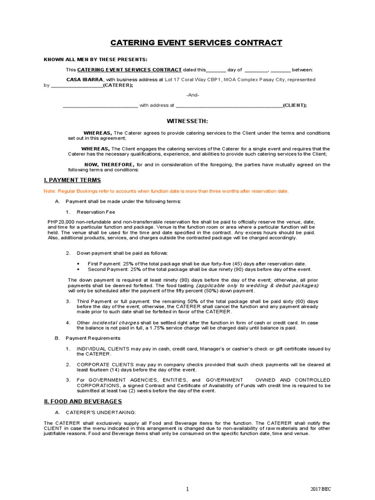 GROUP 3 - Legal Writing - Banquet Event Contract | PDF | Fee | Guarantee