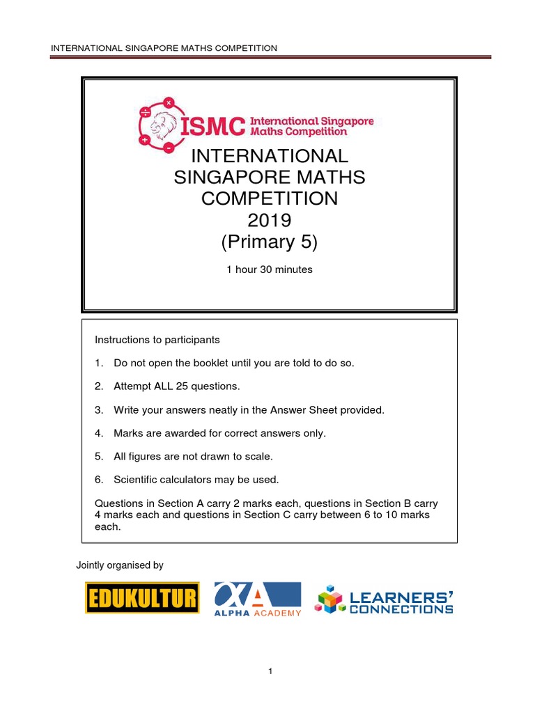 P5 ISMC 2019 Questions W Answers | PDF | Litre | Teaching Mathematics