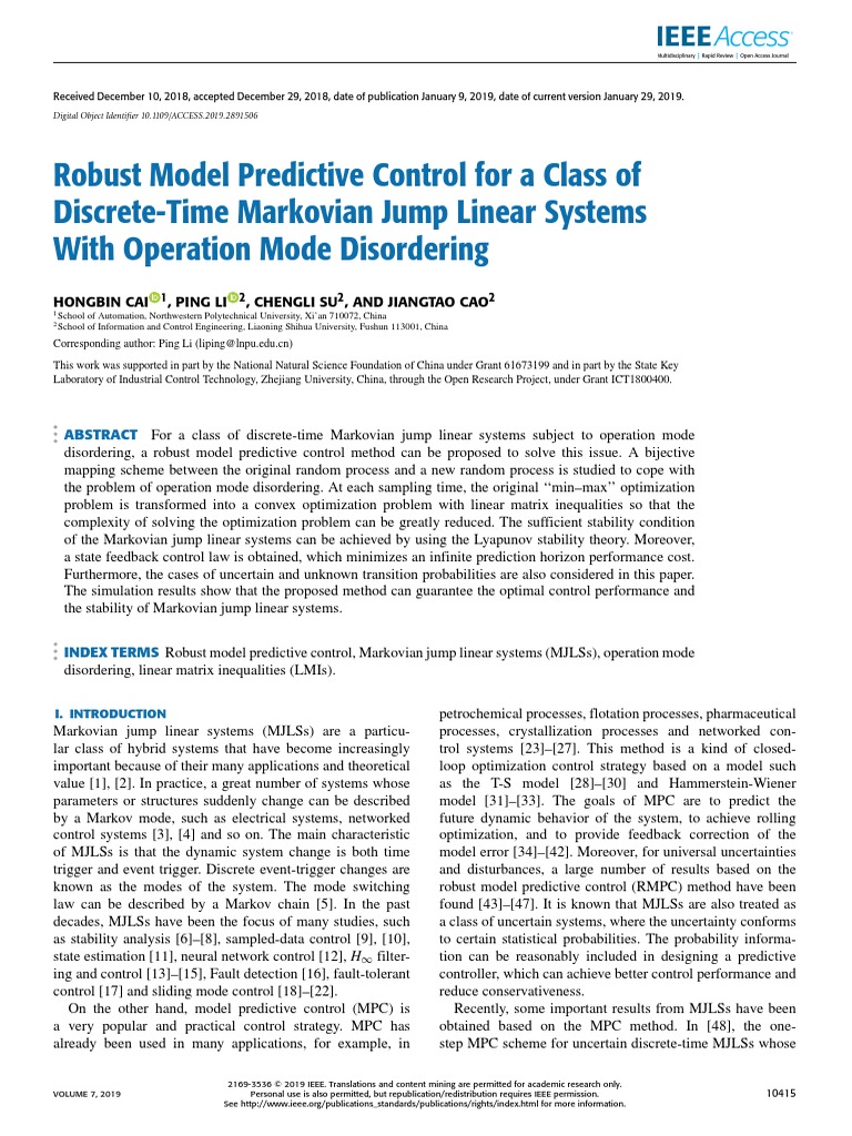 Robust Model Predictive Control for Discrete-Time Markovian Jump Linear Systems with Operation ...