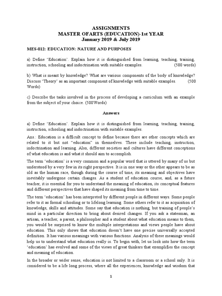 Assignments Master Ofarts (Education) - 1St Year January 2019 & July ...