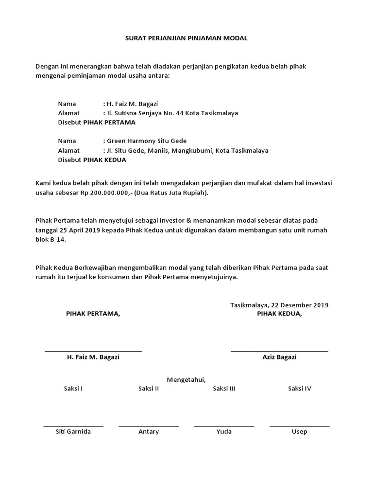 Surat Perjanjian Pinjaman Modal | PDF