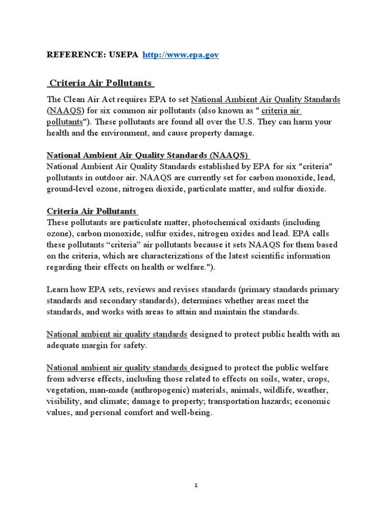 Criteria Air Pollutants: Reference: Usepa | PDF | Air Pollution ...