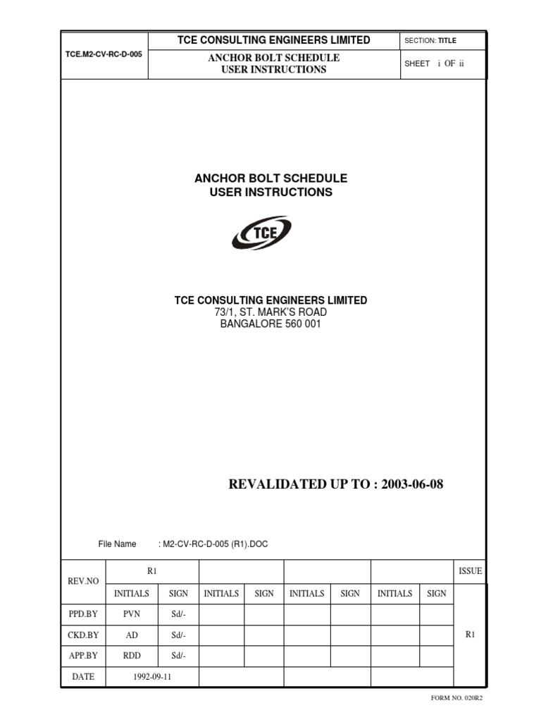 R1 User guide for an anchor bolt schedule FORM NO. 120 R1 | PDF | Screw ...