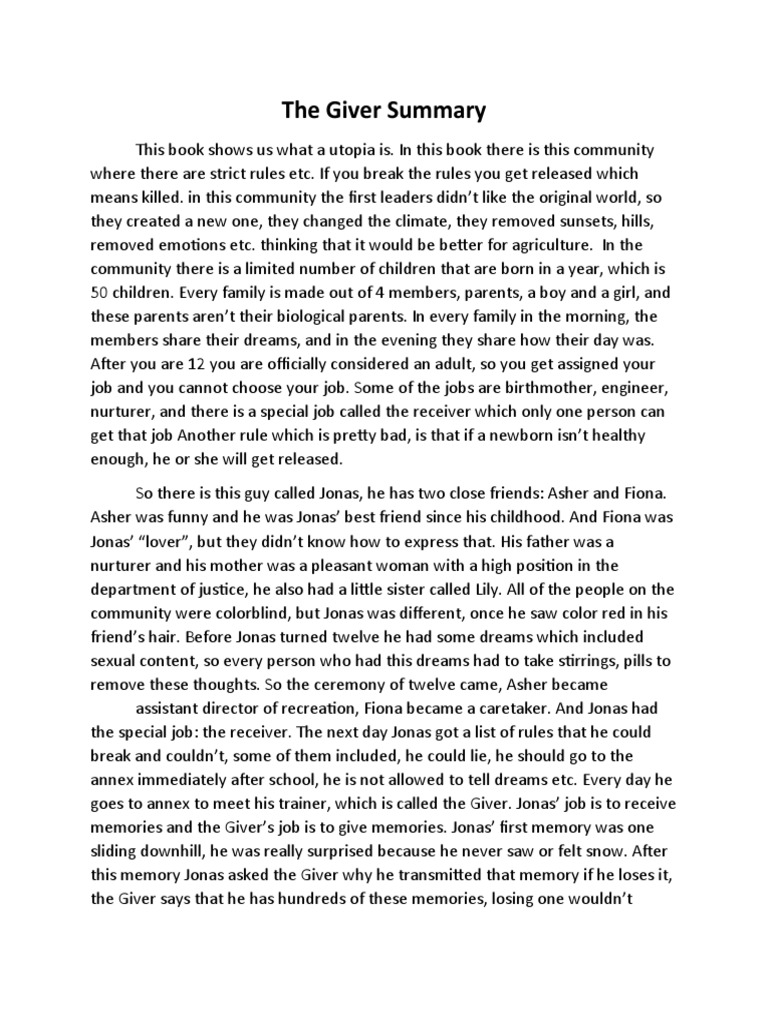 The Giver Summary | PDF