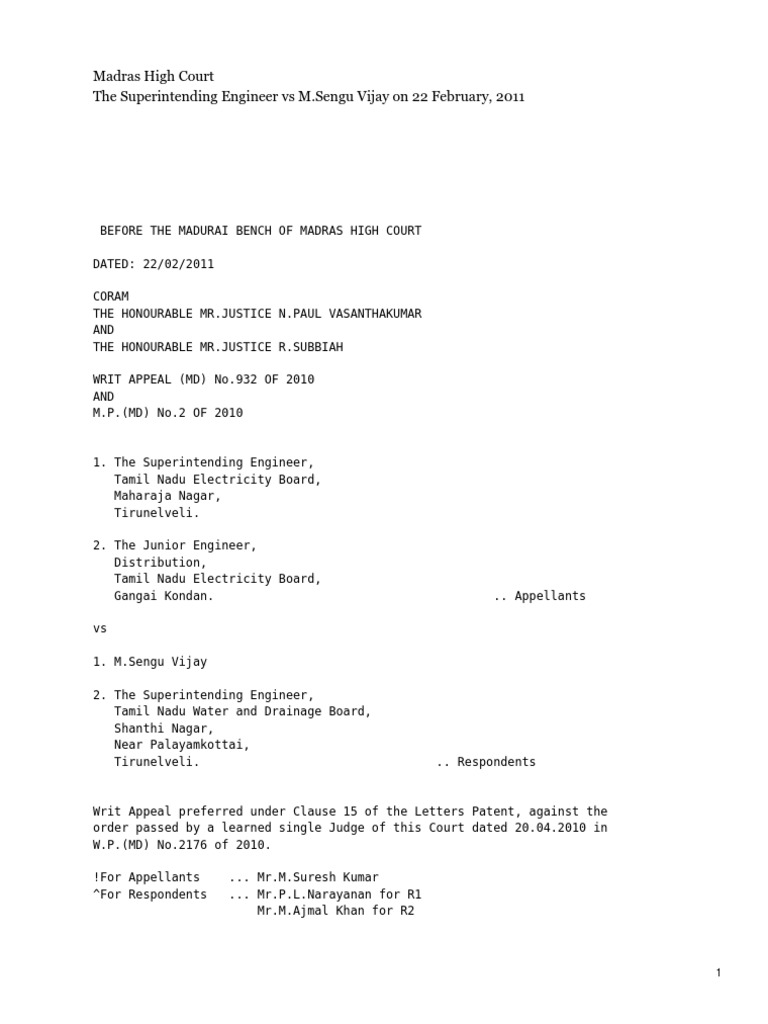 The Superintending Engineer Vs MSengu Vijay On 22 February 2011 | PDF ...