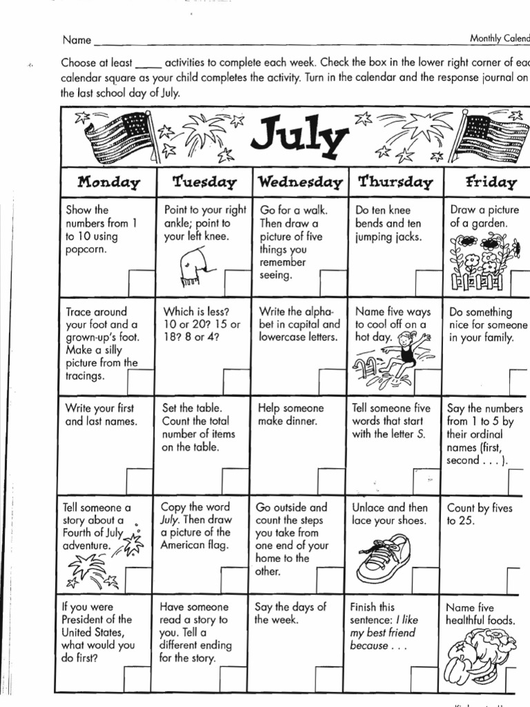 Kindergarten To 1st Grade - July Calendar | PDF