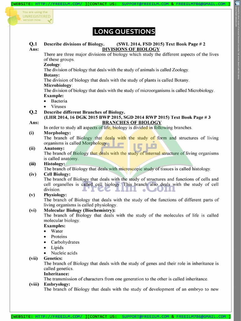 Biology Class 9 CH # 1 Long Questions/answers | PDF