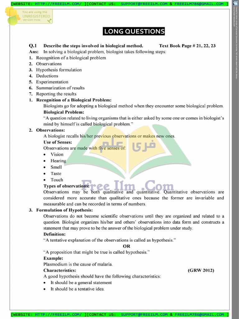 Class 9 Biology CH # 2 Long Questions /answers | PDF