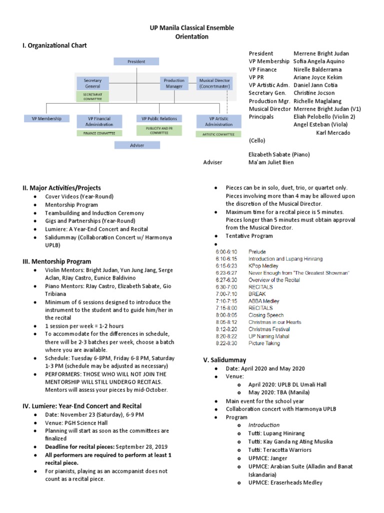 UP Manila Classical Ensemble Orientation I. Organizational Chart | PDF ...