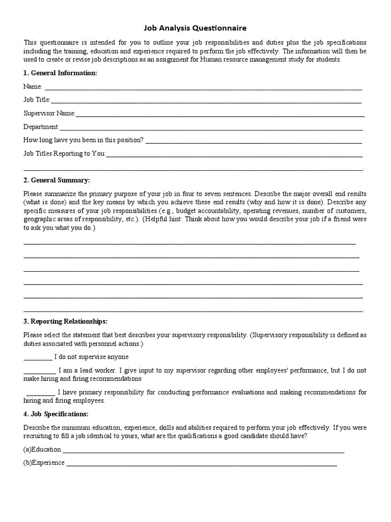 Job Analysis Questionnaire | PDF | Supervisor | Employment