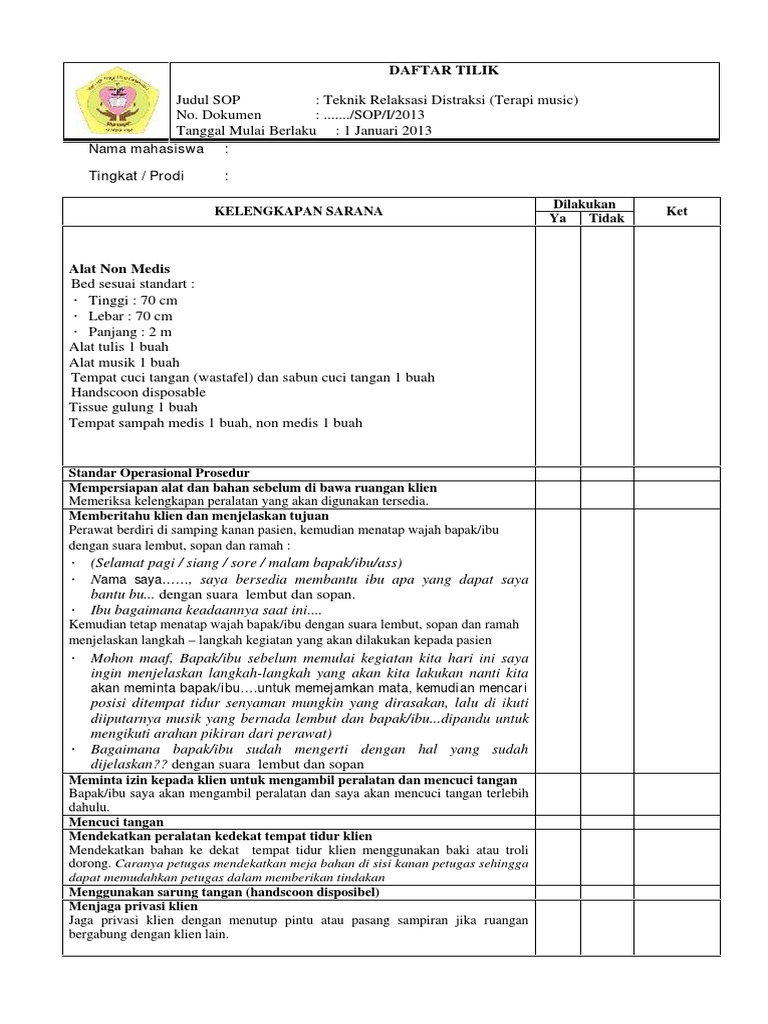 Sop Relaksasi Distraksi (Terapi Musik) | PDF