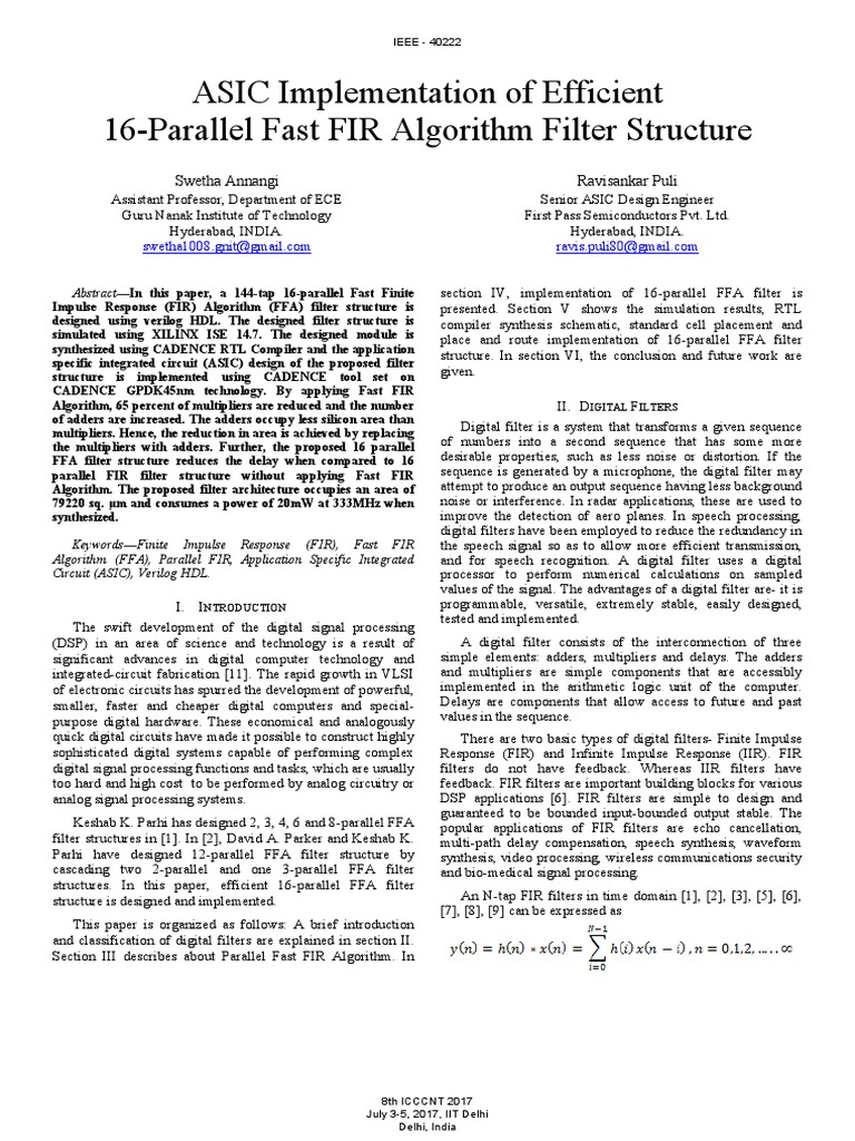 ASIC Implementation of Efficient 16-Parallel Fast FIR Algorithm Filter ...