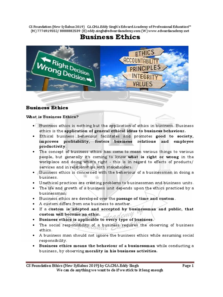 Ethics Notes 1 PDF | Download Free PDF | Business Ethics | Employment