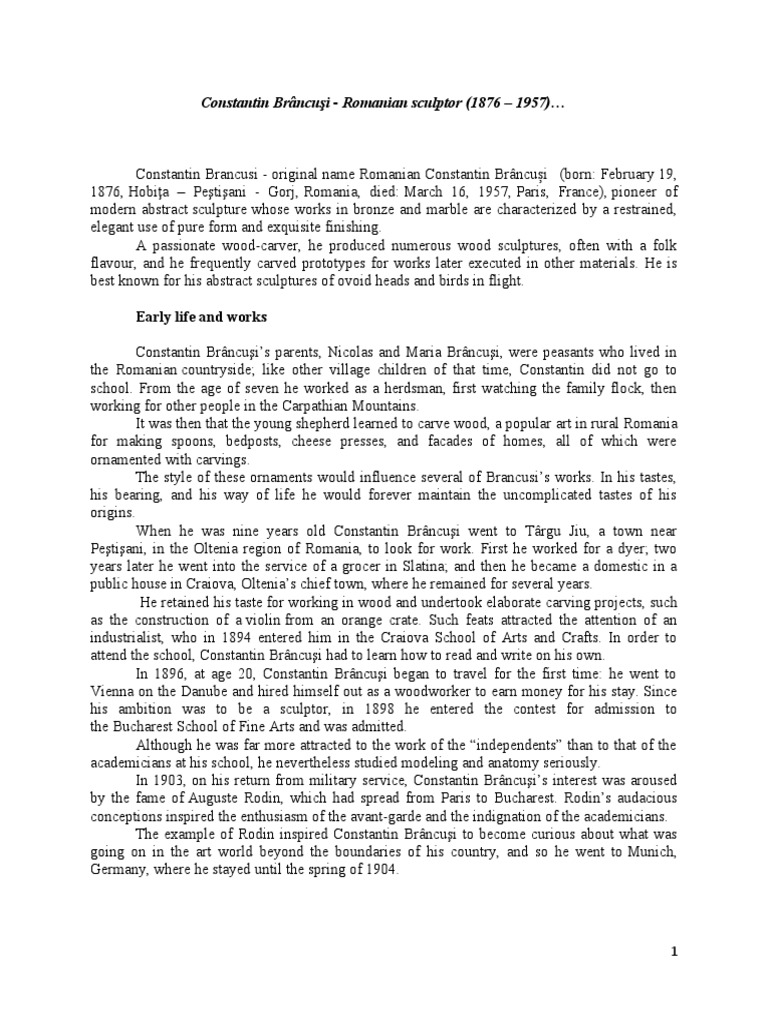 Constantin Brâncuşi - Romanian Sculptor (1876 - 1957) : Early Life and ...
