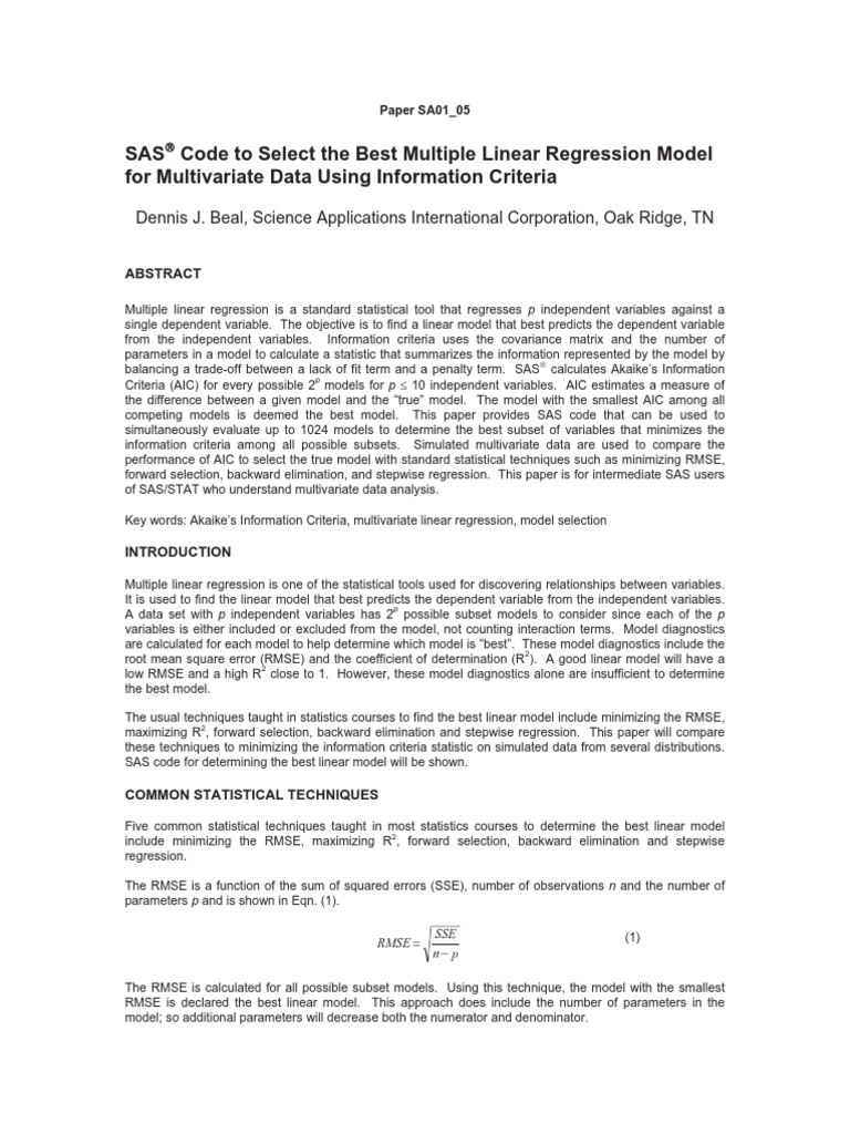 SAS Code To Select The Best Multiple Linear Regression Model For ...