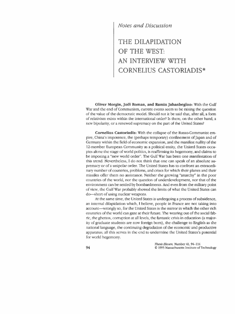 Castoriadis Et Al - The Dilapidation of The West - An Interview With Cornelius Castoriadis | PDF ...