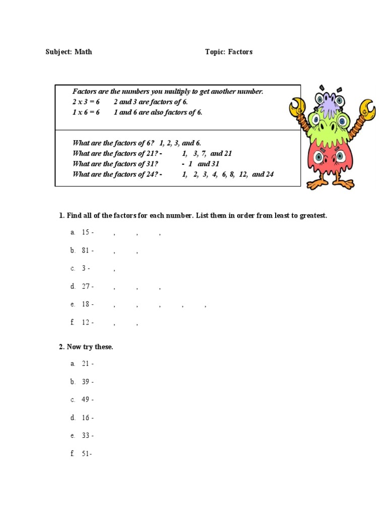 GR4 - Math - WS - Factors | PDF | Mathematical Notation | Abstract Algebra