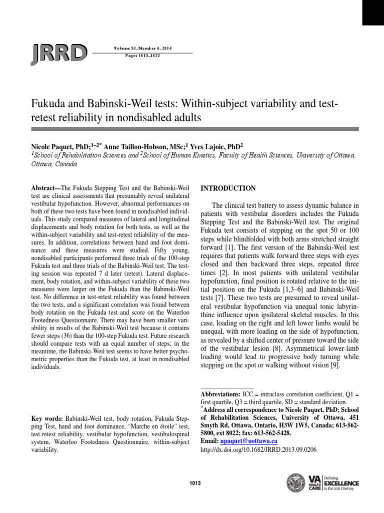 Fukuda and Babinski-Weil Tests: Within-Subject Variability and Test ...