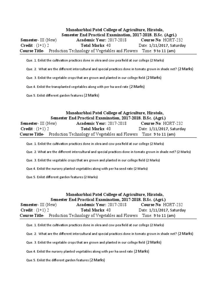 Hort 232 Practical Exam | PDF | Vegetables | Agriculture
