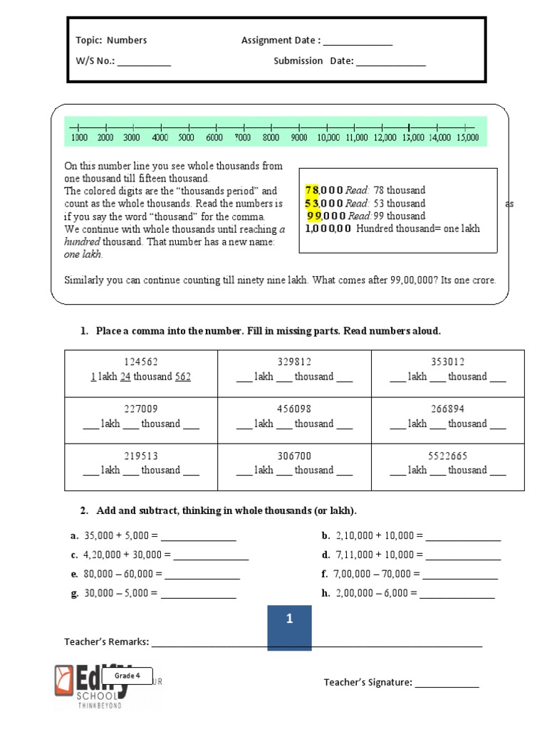 Hundred Thousand. That Number Has A New Name: One Lakh.: Grade 4 | PDF ...