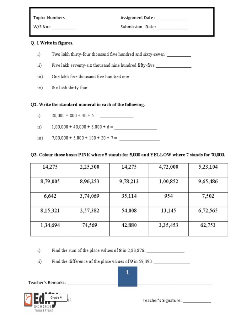 Q. 1 Write in Figures.: Grade 4 | PDF | Teaching Mathematics