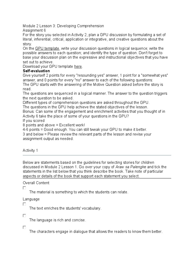 Assignment and Activity Module 2 Lesson 3 | PDF | Question | Applied ...