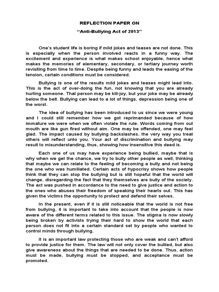 Reflection on Anti-Bullying Act 2013 | PDF | Bullying | Aggression