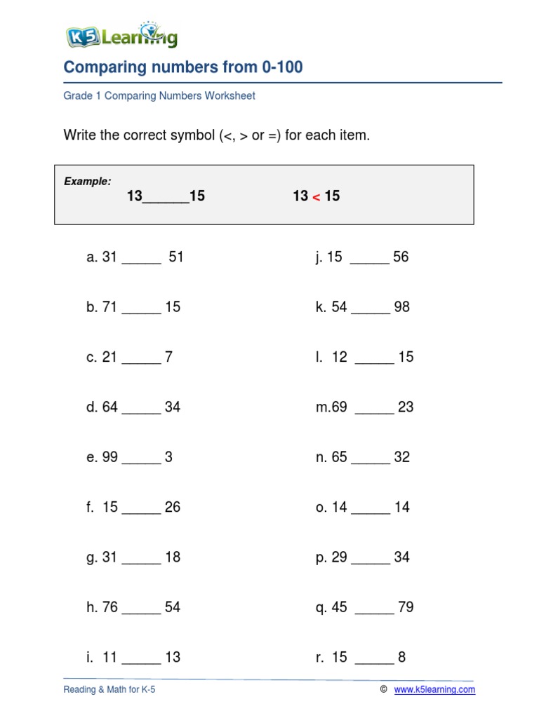 Comparing Numbers From 0-100 | PDF