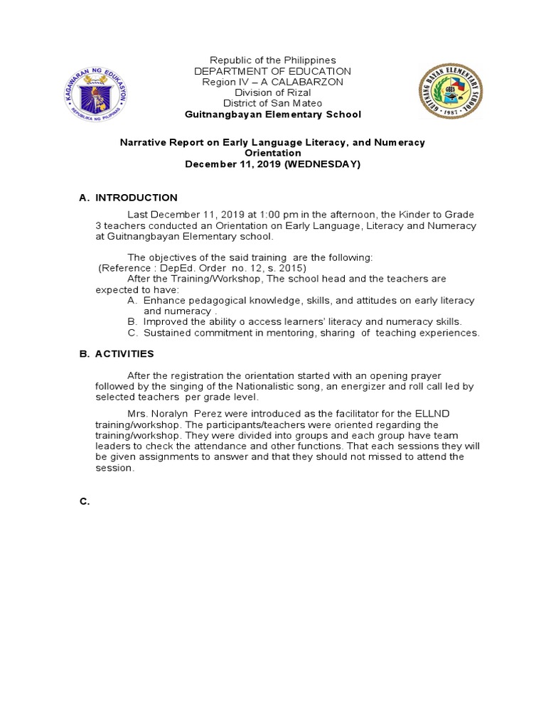 Narrative Report On ELLND Orientation | PDF