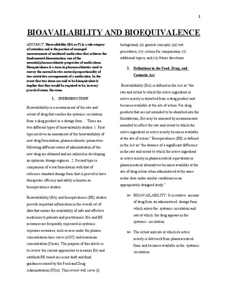 Bioavailability and Bioequivalence: 2. Definitions in The Food, Drug ...