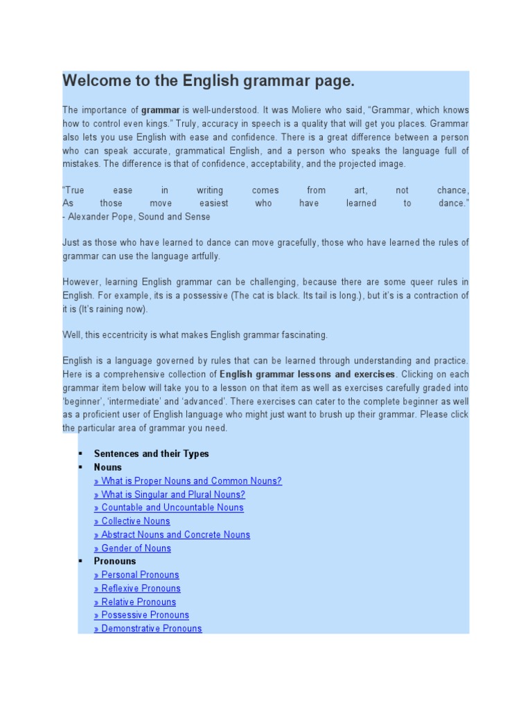 Welcome To The English Grammar Page.: Sentences and Their Types Nouns ...